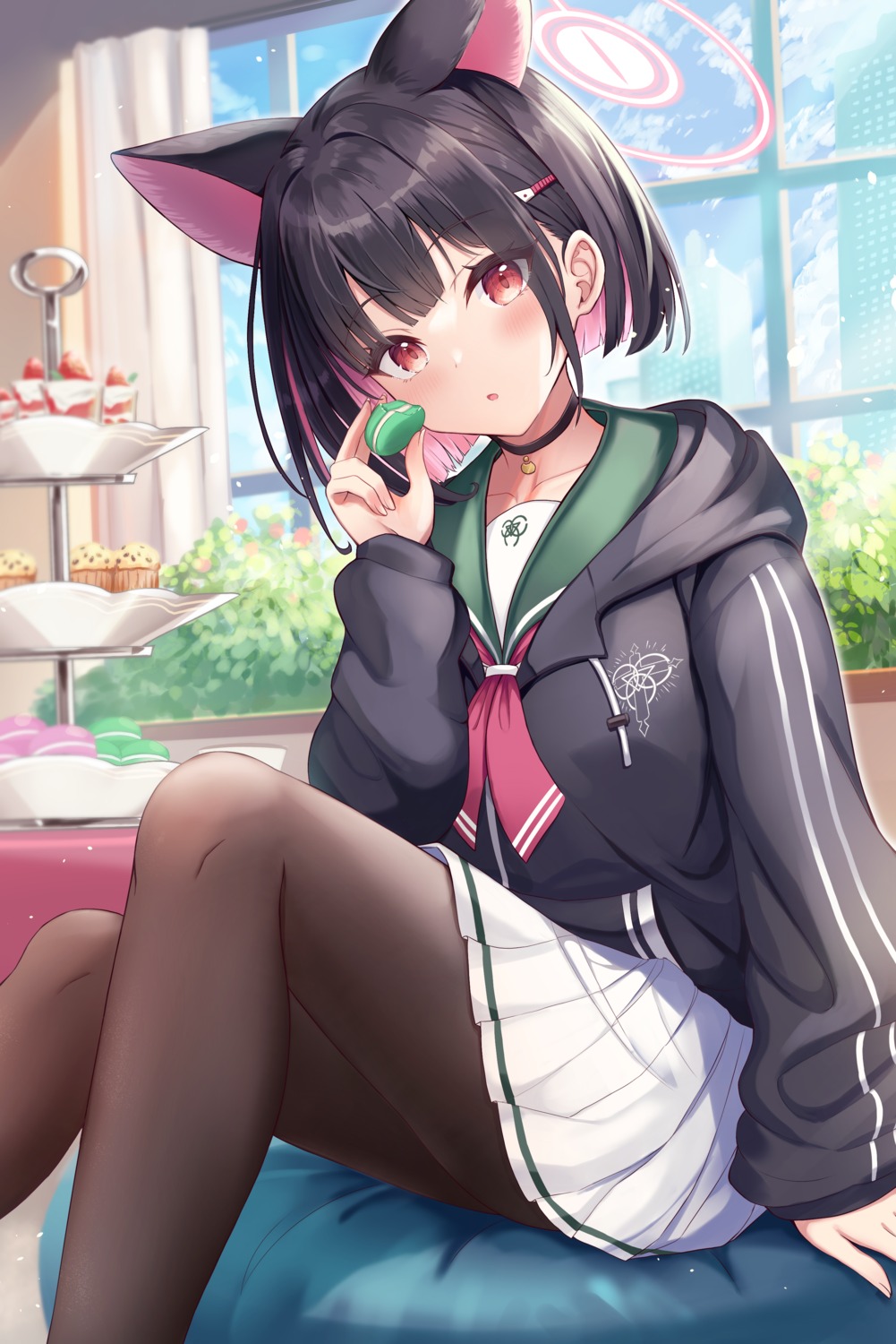 sakura ani blue archive kyouyama kazusa animal ears halo nekomimi pantyhose seifuku skirt lift ...